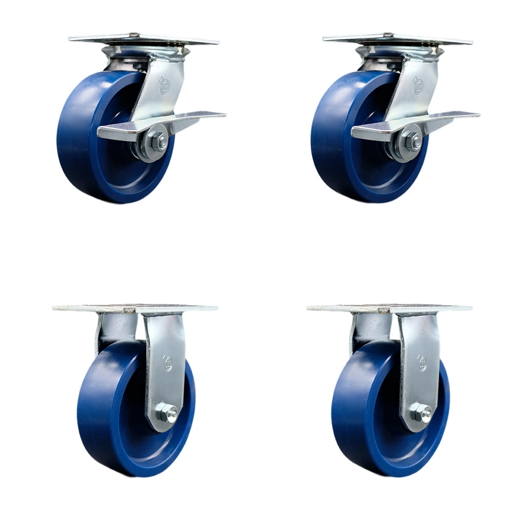 6 Inch Solid Poly Caster Set with Ball Bearing 2 Brakes and 2 Rigid SCC ...