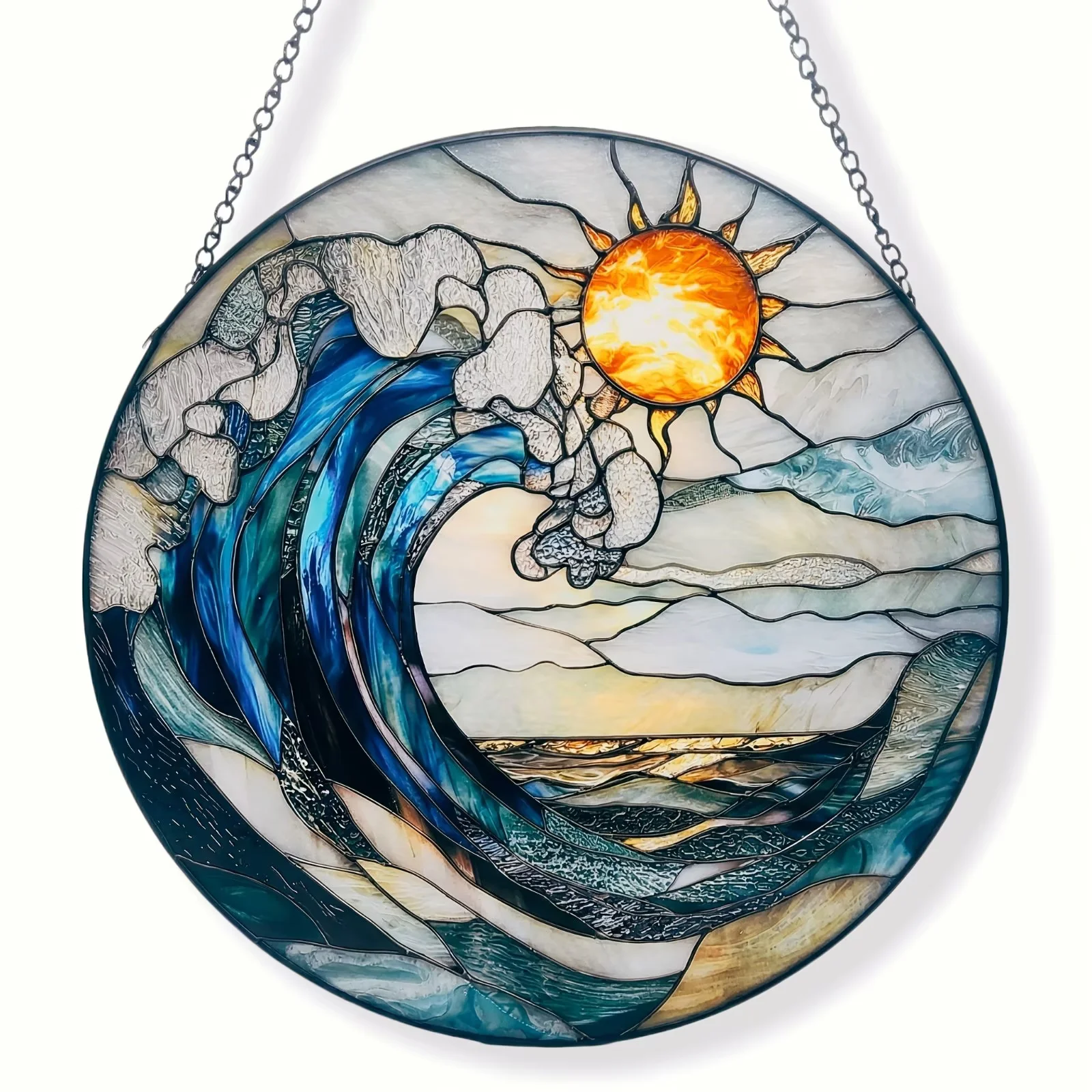 6 Inch Stained Glass Sun Catcher Summer Decoration, Blue White Wave ...
