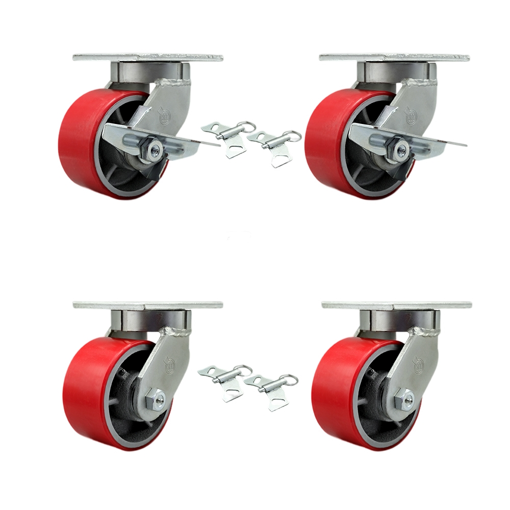 6 Inch Heavy Duty Red Poly on Cast Iron Caster Set 4 Swivel Locks 2 ...