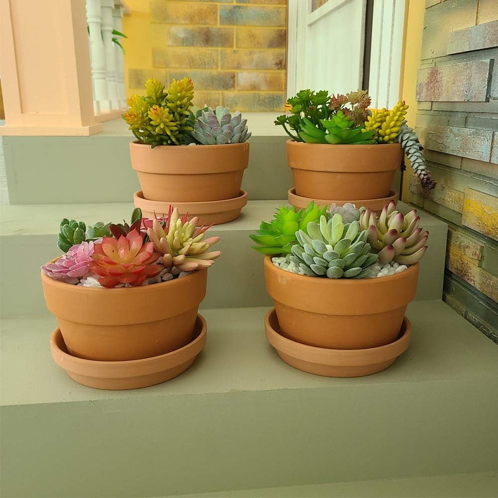 6 Inch Terracotta Shallow Planters with Saucer/Tray,Ceramic Flower Clay ...