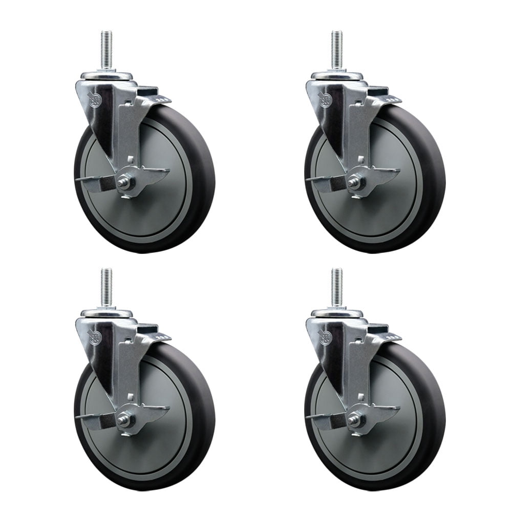 6 Inch Thermo Rubber Wheel Swivel 5/8 Inch Threaded Stem Caster Set ...