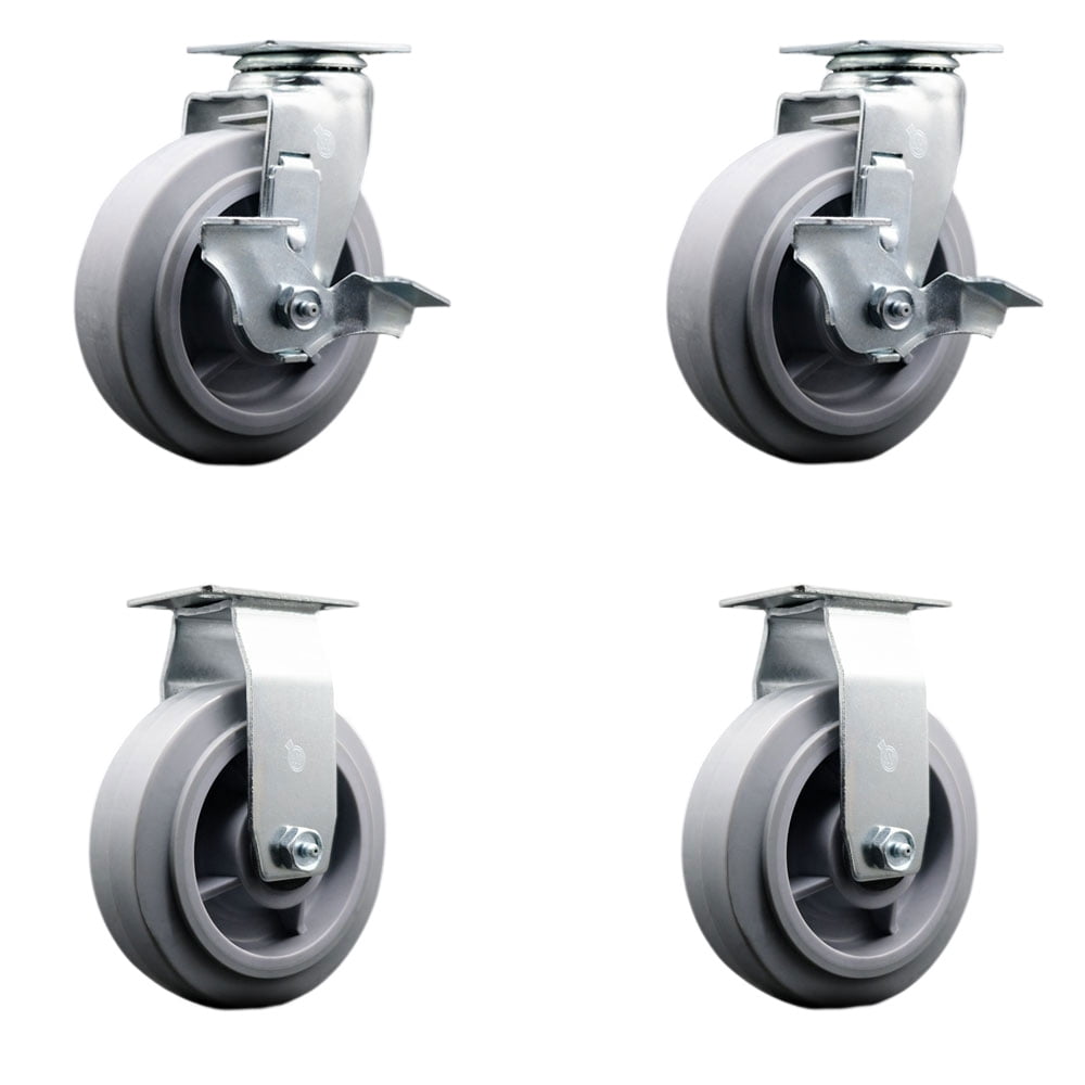 6 Inch Thermoplastic Rubber Caster Set with Roller Bearings 2 Brakes 2 ...