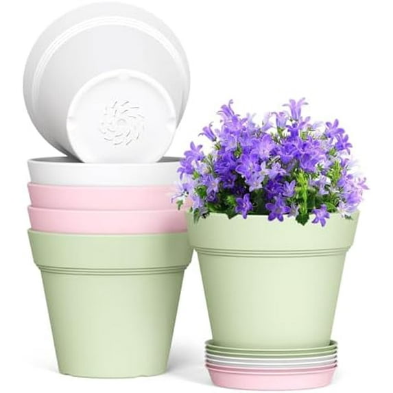 6 Inch Thick Plastic Plant Pots with Drainage Holes and Trays – 6 Pack ...