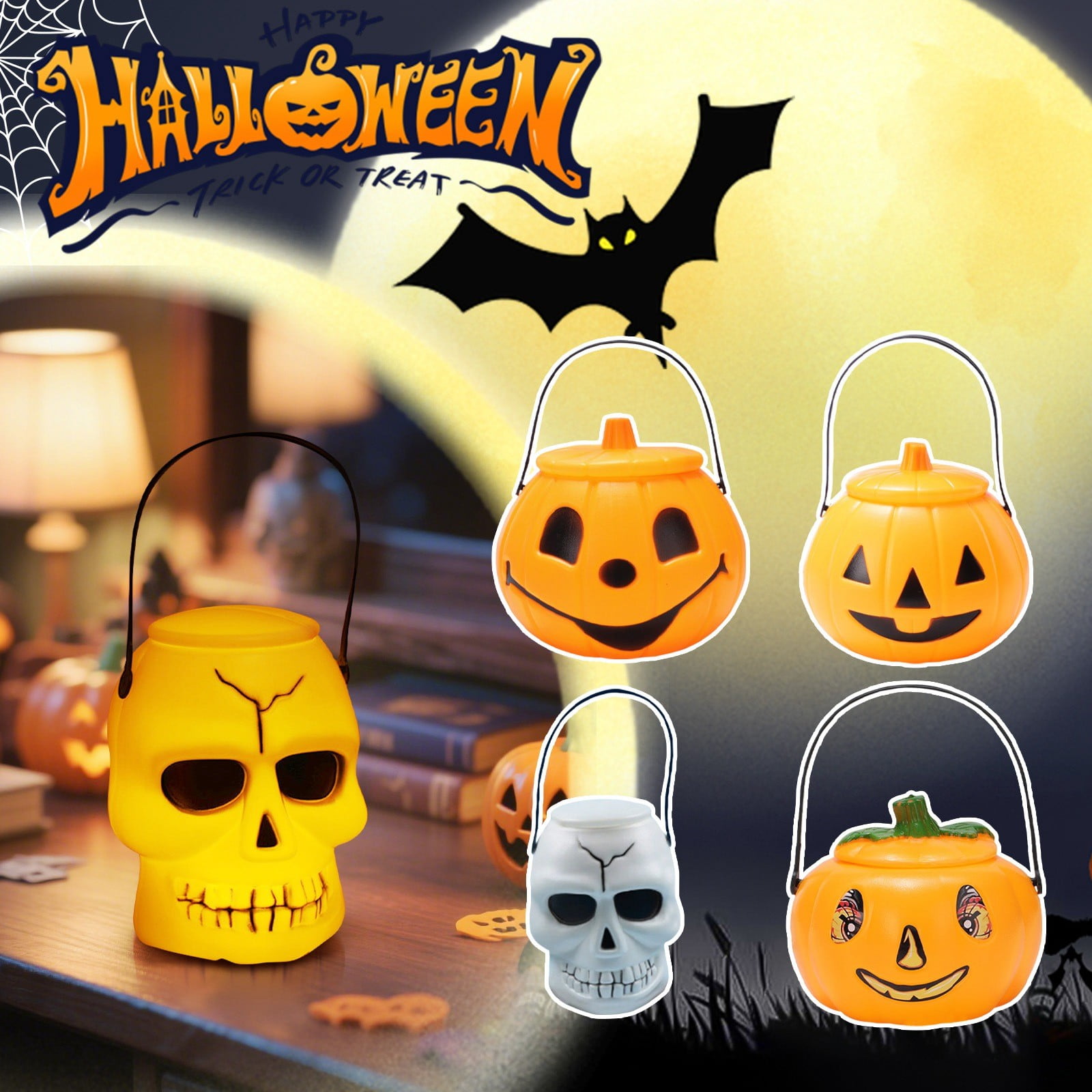 6 Inch Trick or Treat Decorations Eyelet Pumpkin Bucket with Lid,for Indoor, Outdoor, Porch ...