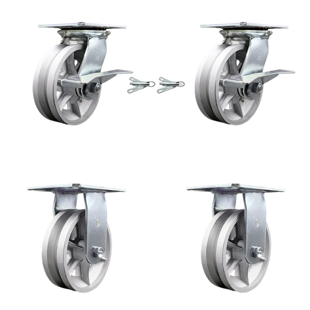 6 Inch V Groove Semi Steel Caster Set 2 Brakes/Swivel Locks and 2 Rigid ...