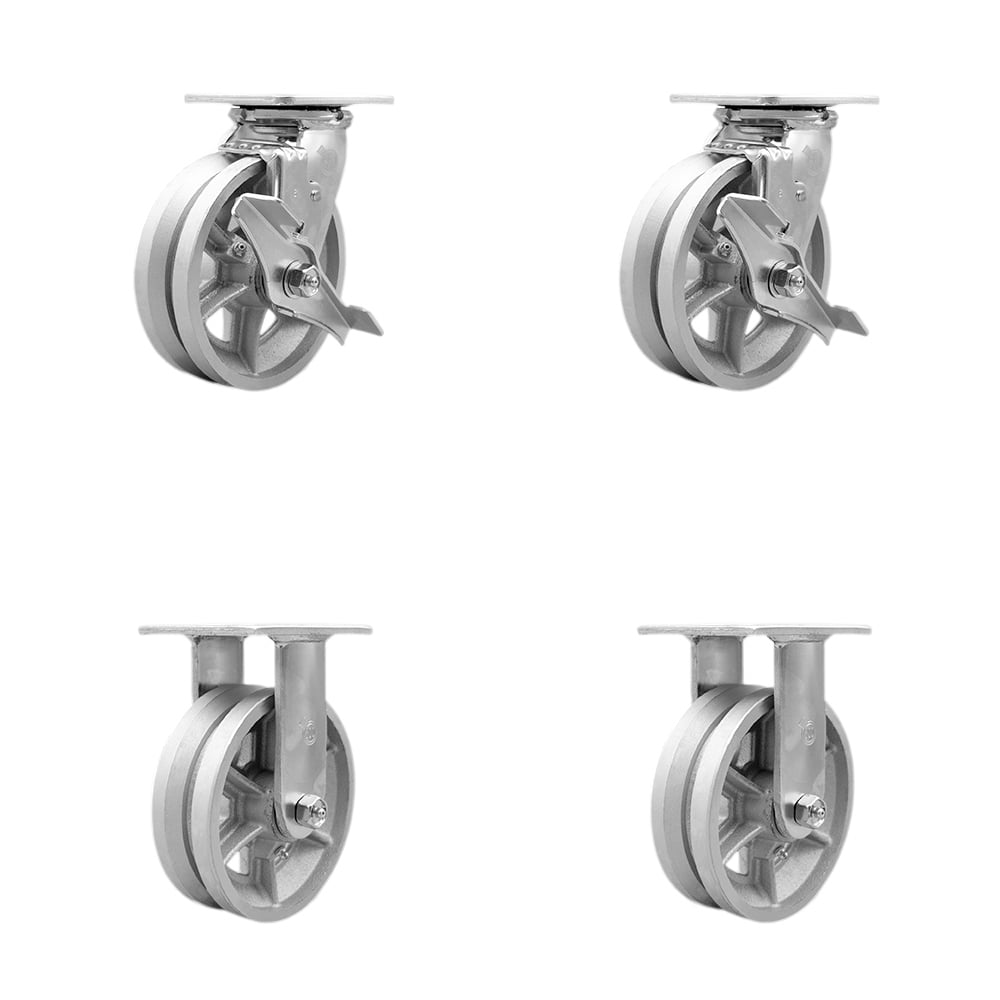 6 Inch V Groove Semi Steel Caster Set with Ball Bearings 2 Brakes 2 ...