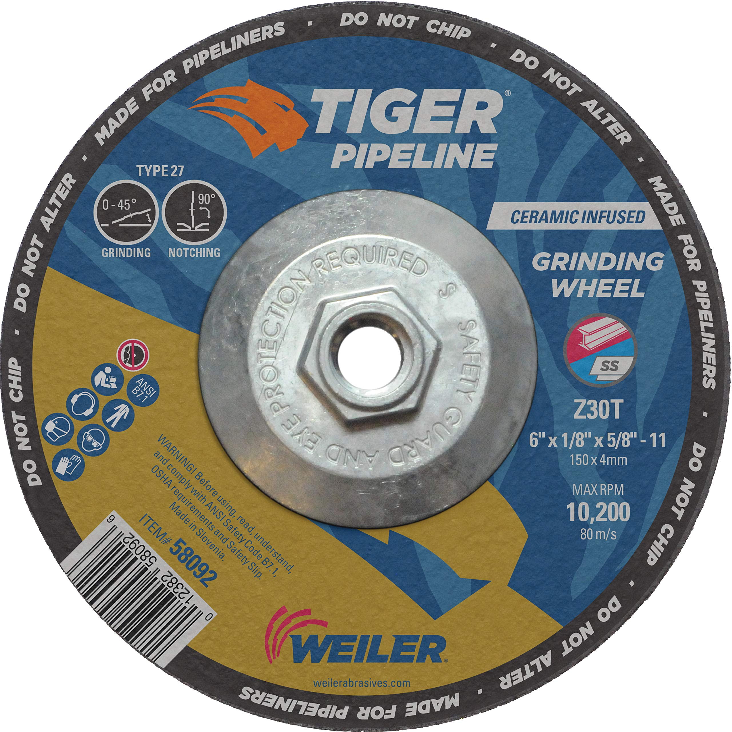 6 Inch Z30T Tiger Pipeline Grinding Wheel, Type 27 with 5/8-11 Nut ...