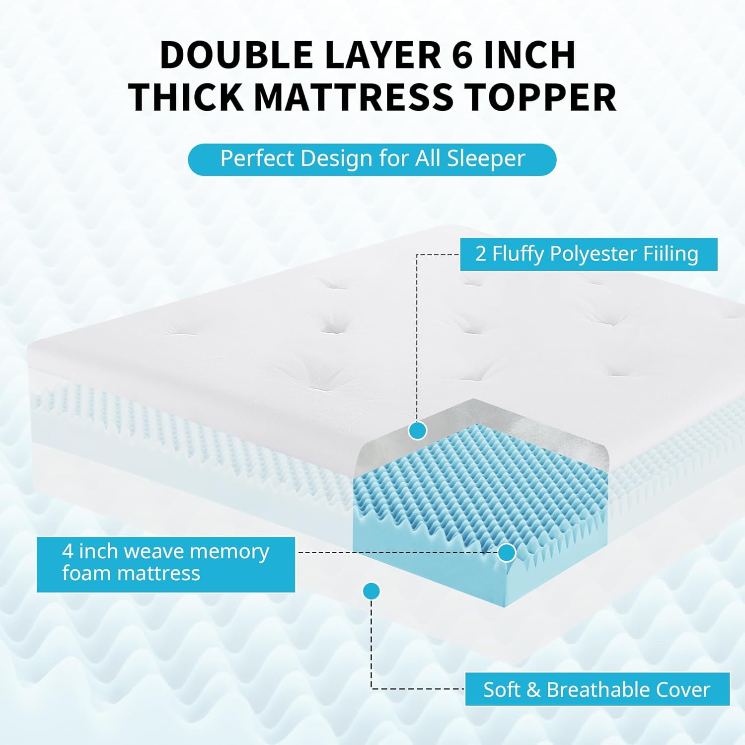 6 Inches Thickness Mattress Topper Queen Size, Dual Layer Design Soft ...