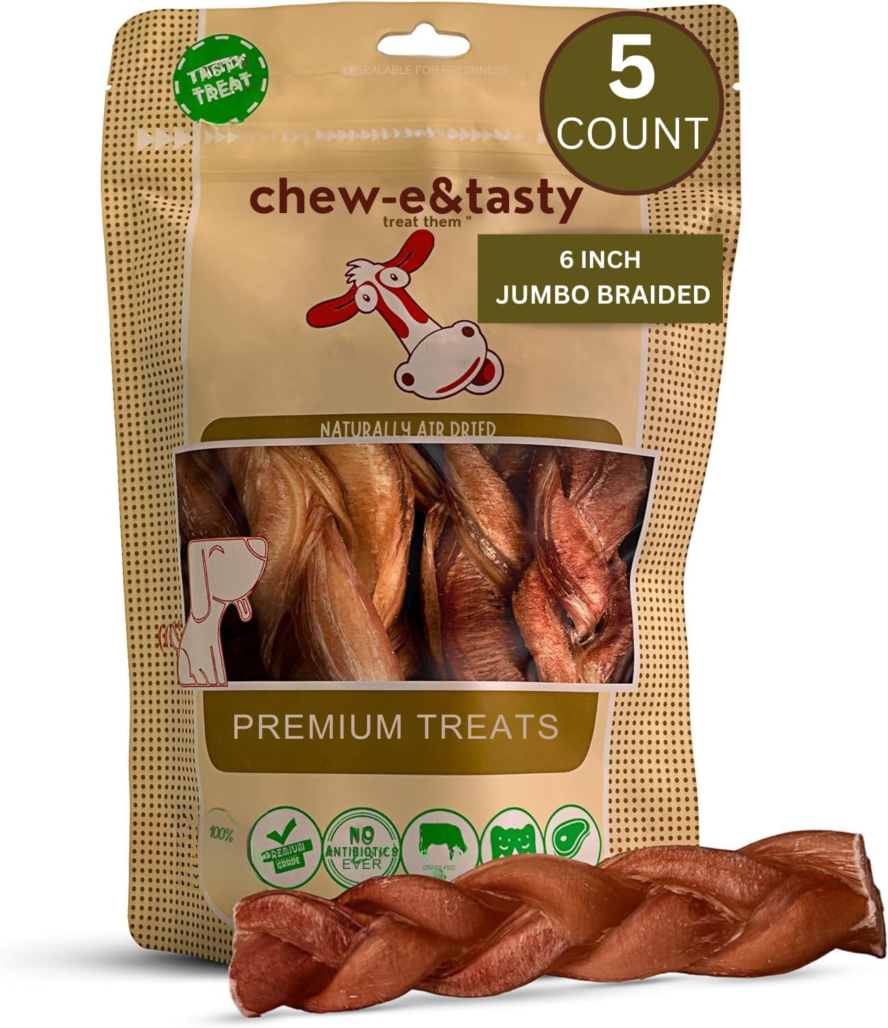 6" Jumbo Braided Bully Sticks For Dogs (Pack Of 5) - Long Lasting Beef ...