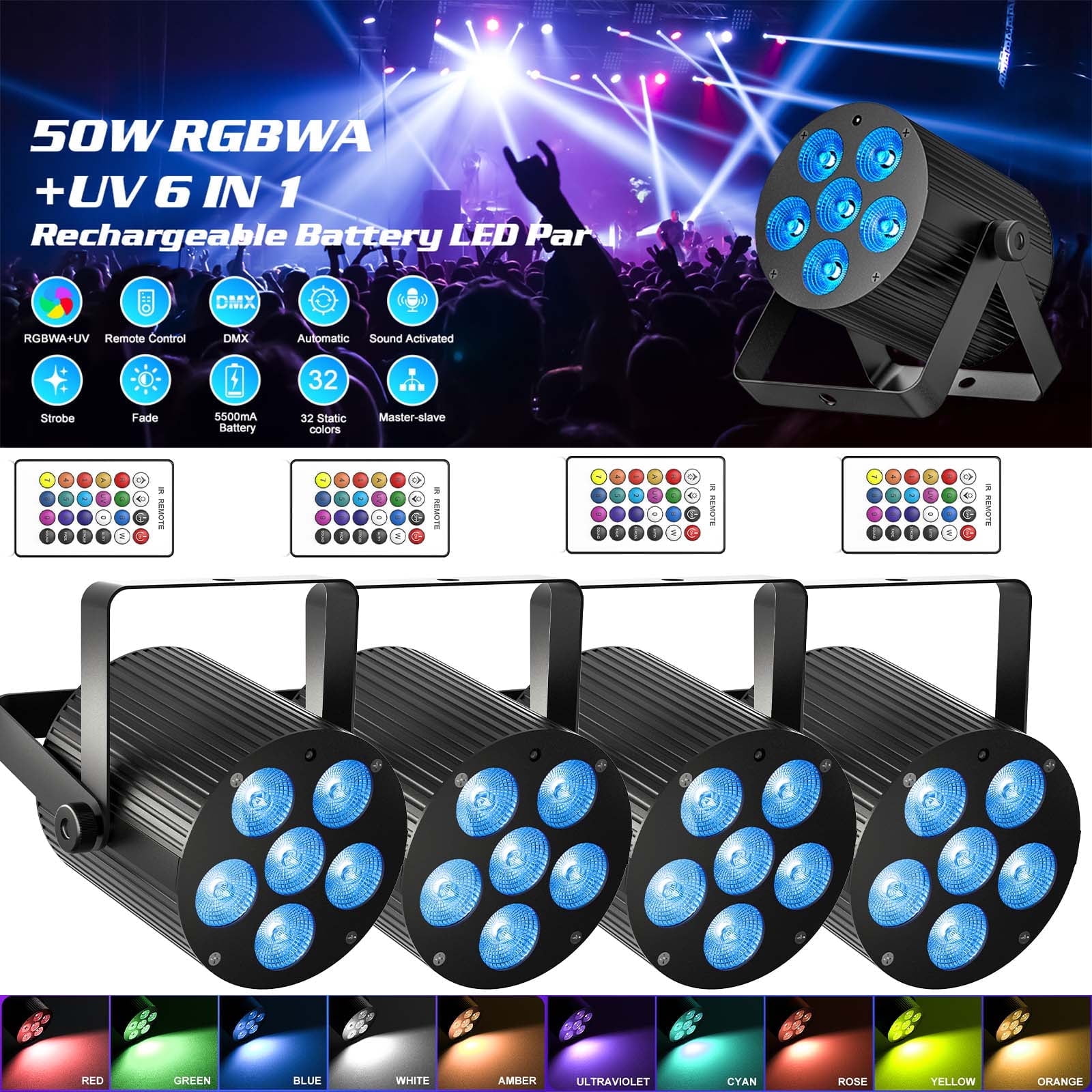 6 LED Par Light Rechargeable Spot lights RGBWA+UV DJ Lights Stage ...