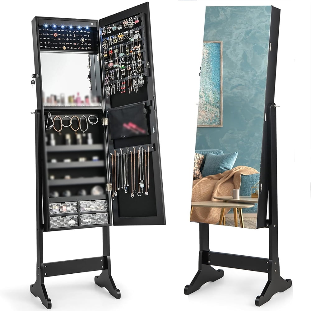 6 LEDs Jewelry Cabinet Armoire with High Full length Mirror, Lockable ...