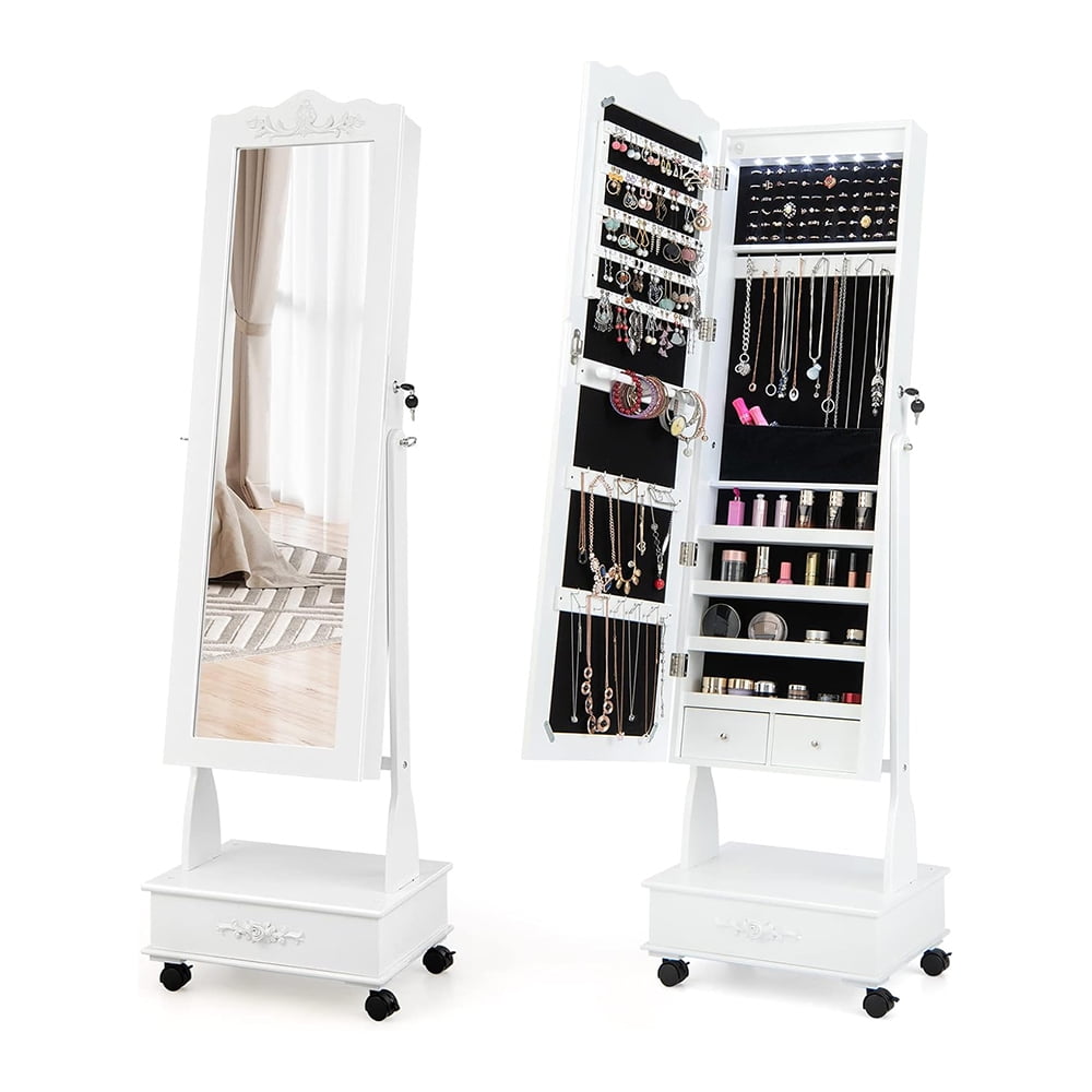 6 LEDs Mirror Jewelry Cabinet, Lockable Jewelry Armoire with Full ...