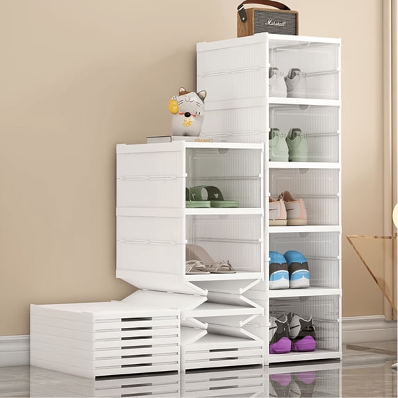 6-Layer Collapsible Clear Shoe Organizer Cabinet - Stackable Dust-Free ...