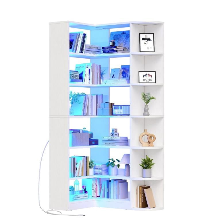 6 Layer Corner Bookshelf with LED Light, White Bookshelf L Shape ...
