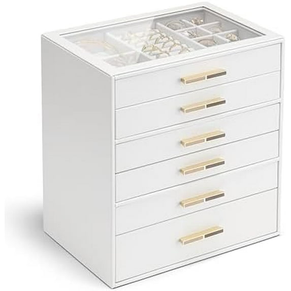6 Layer Jewelry Box for Women, Glass Lid Jewelry Organizer with 6 ...