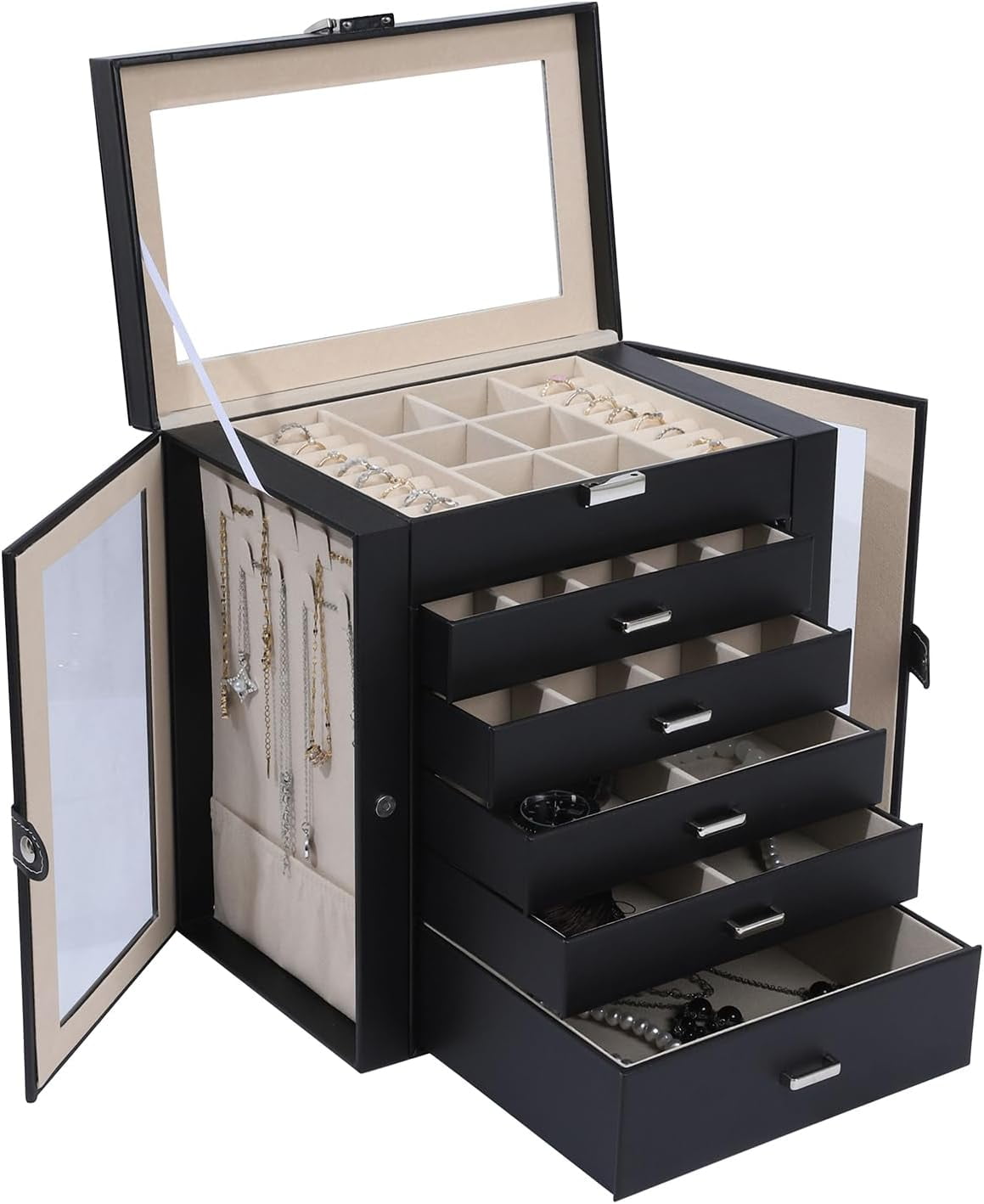6 Layer Large Jewelry Boxes With Mirror，Multifunctional 5 Drawers ...