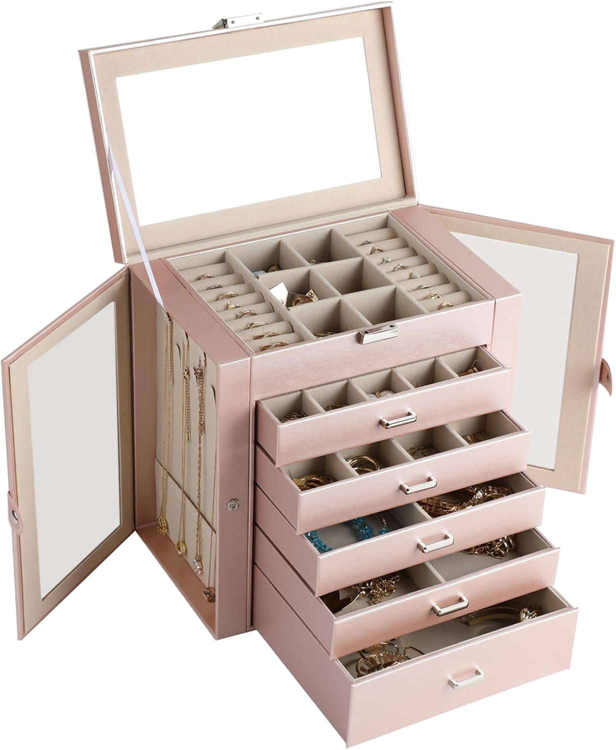 6 Layer Large Jewelry Boxes With Mirror，Multifunctional 5 Drawers ...