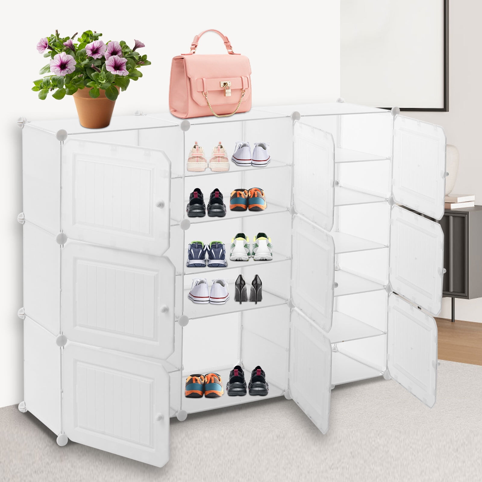 6-Layer Stackable Storage Organizer Shoe Rack Clear Door Unit Cube ...