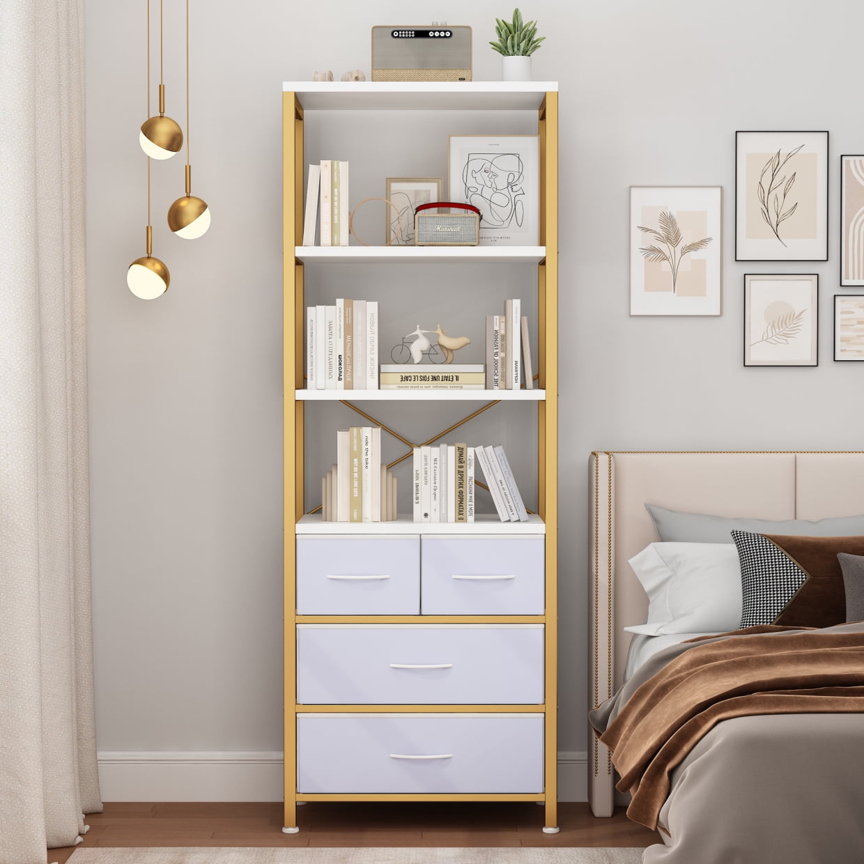 6 Layers Bookshelf with 4 Drawers and Open Shelves, 6-Tier Narrow ...