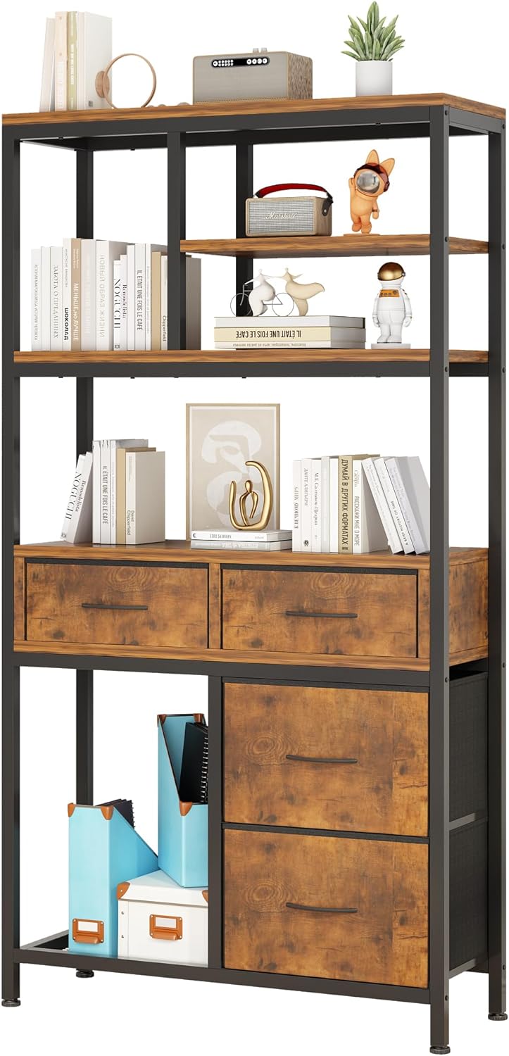 6 Layers Industrial Tall Bookcase with 4 Drawers, Display Open ...