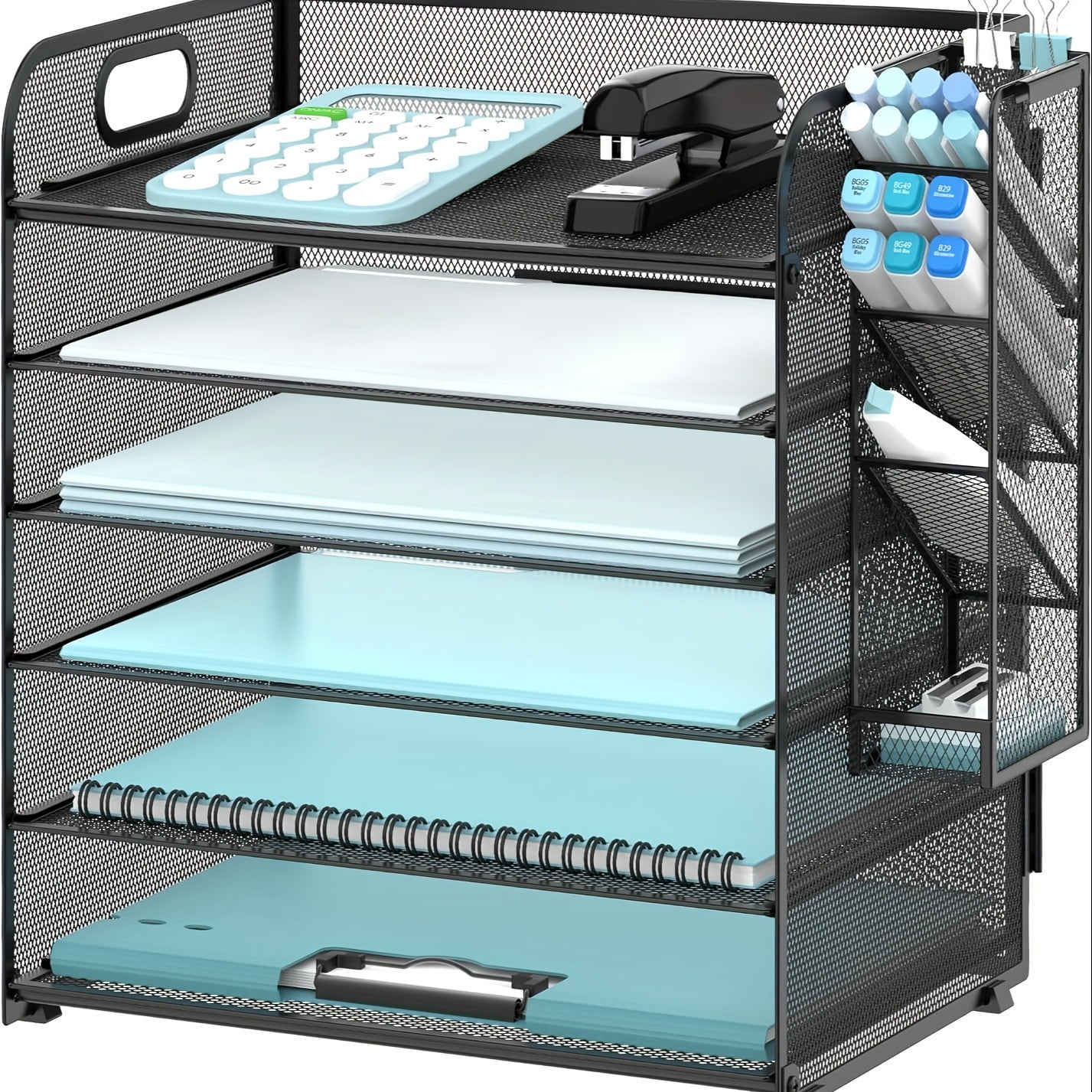 6 Layers Paper Storage Box With 4 Pen Holders, Mesh Desktop Storage ...