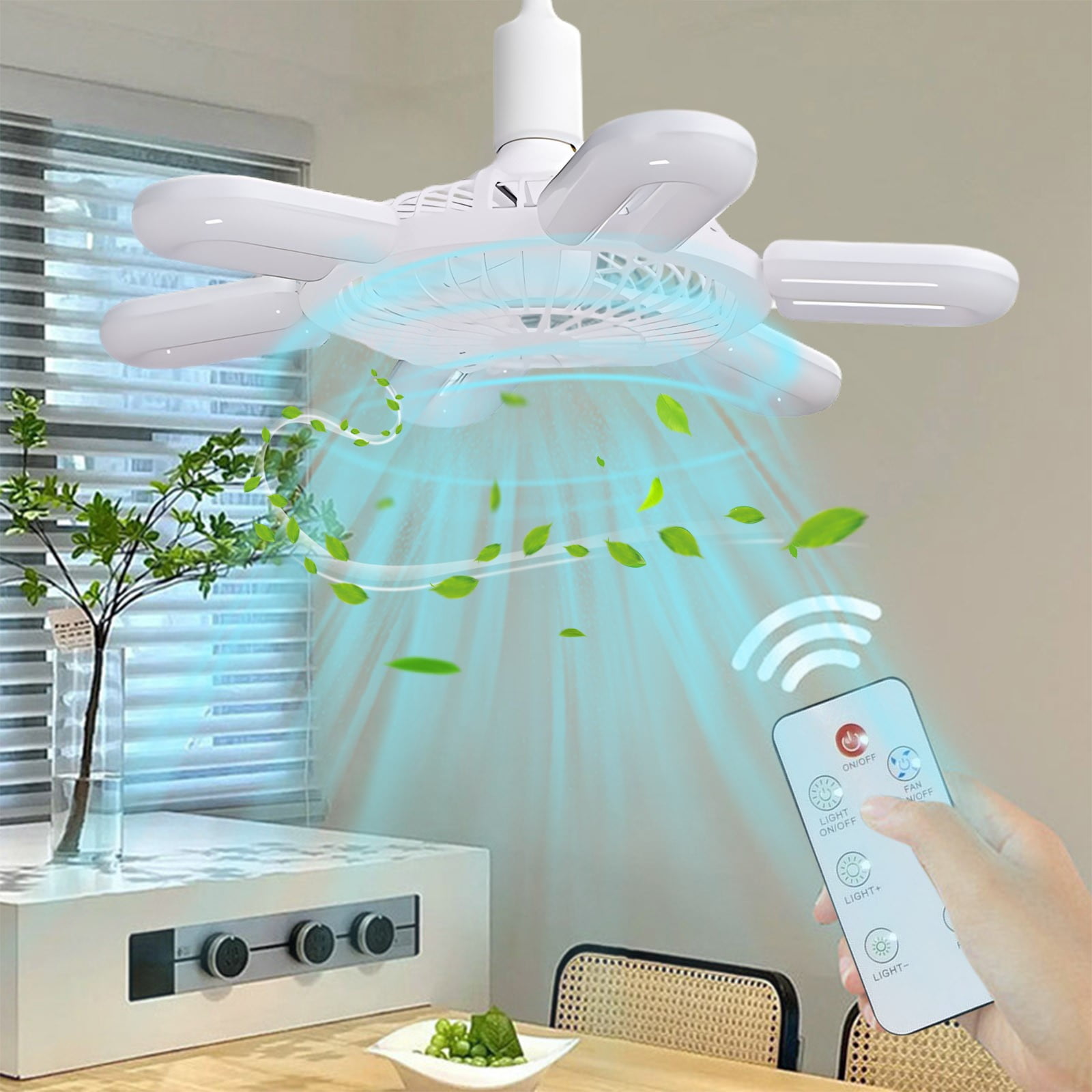 6-Leaf LED Folding Fan Light, Remote Control Dimming, Portable ...