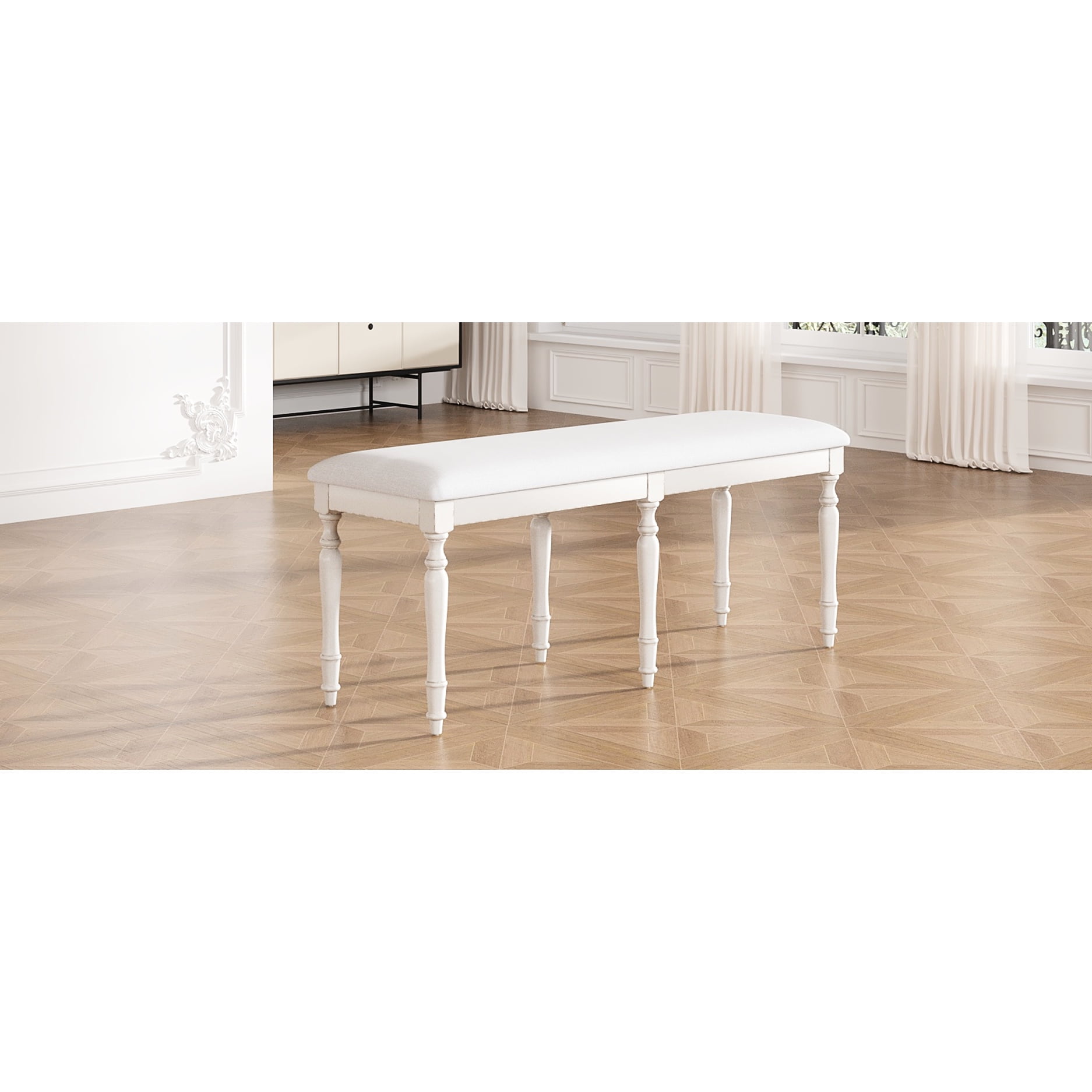 6 Legs 50.4inch Dining Bench, Cream Upholstered, Traditional Style ...