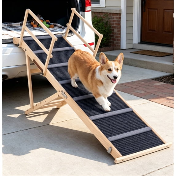 6‑Level Adjustable Foldable Pet Ramp Solid Pine Wood Non‑Slip Dog ...