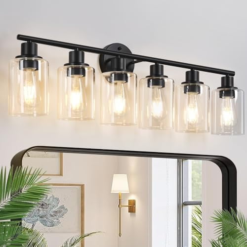 6-Light Bathroom Light Fixtures, Black Modern Vanity Lights with Clear ...