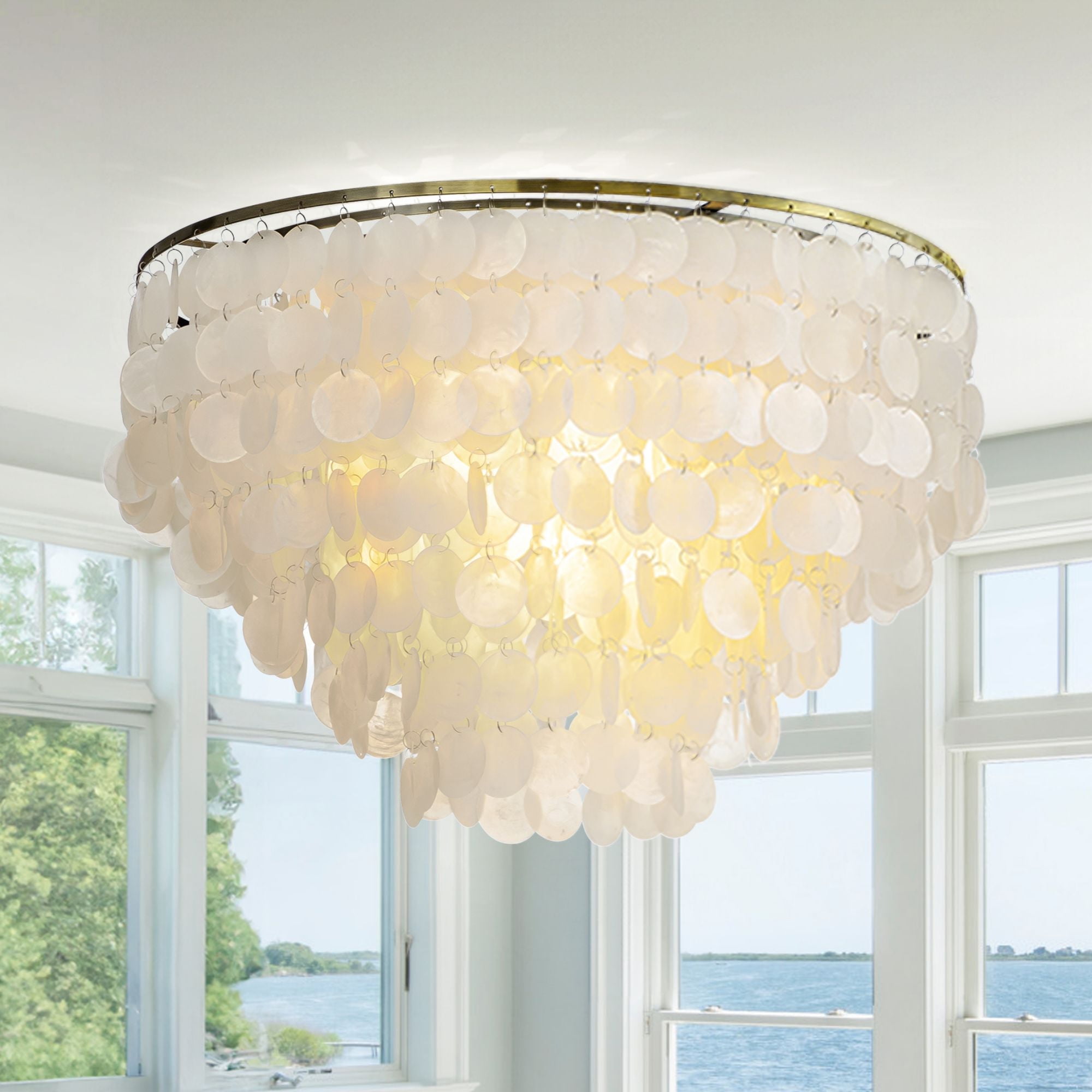 6-Light Coastal Natural Capiz Shell Tiered Flush Mount Ceiling LIght ...