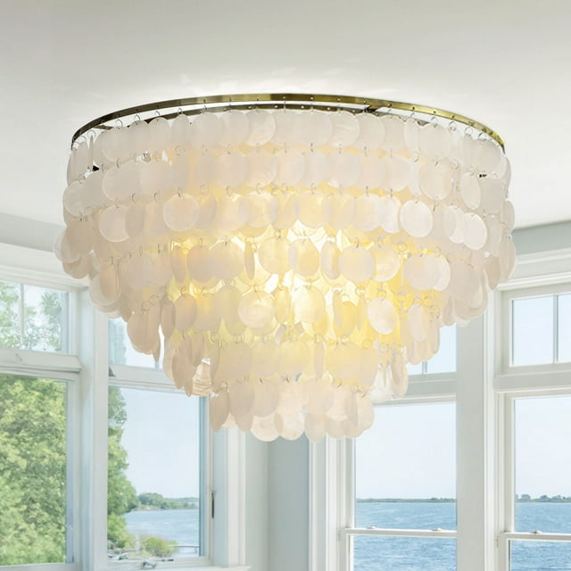 6-Light Coastal Natural Capiz Shell Tiered Flush Mount Ceiling LIght ...