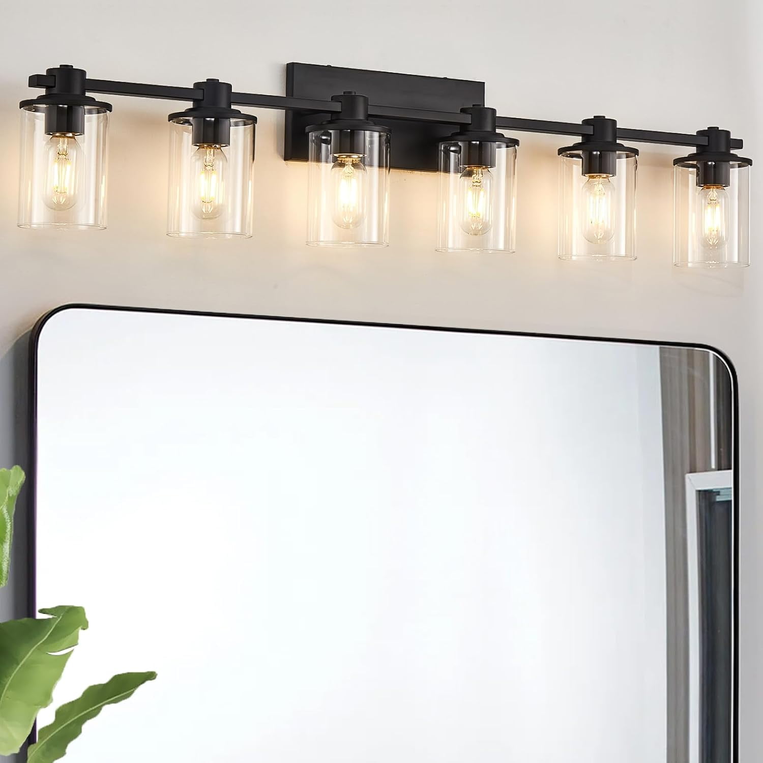 6-Light Modern Industrial Matte Black Bathroom Vanity Lights with Clear ...