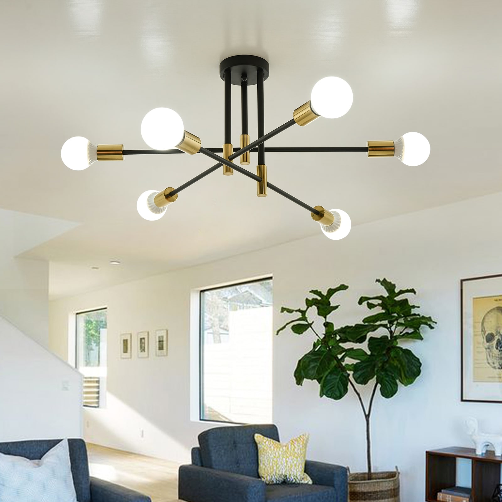 6-Light Modern Semi Flush Ceiling Lights for Bedroom Study Living Room ...