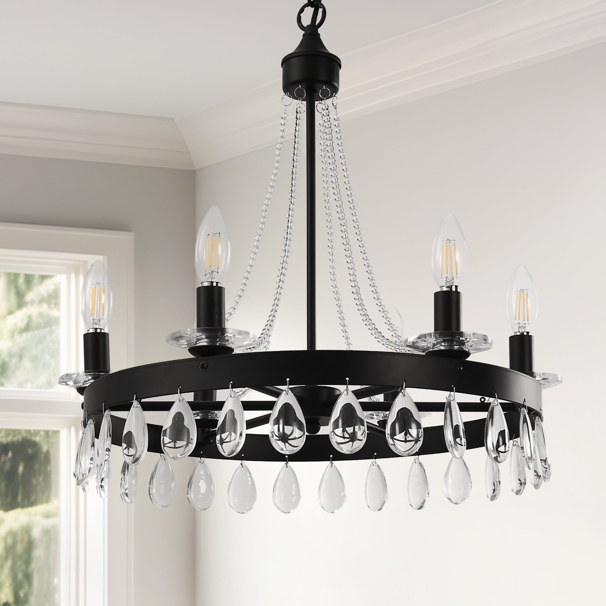 6 Light Vintage Black Iron Chandelier with Crystal, Farmhouse Country ...