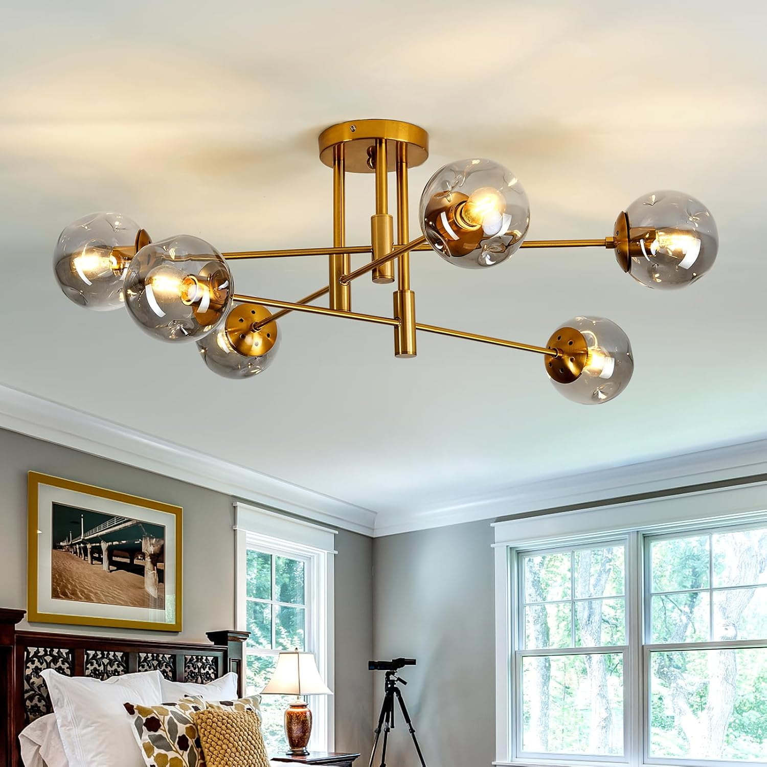 6-Lights Glass Globe Chandelier Modern Flush Mount Ceiling Light ...