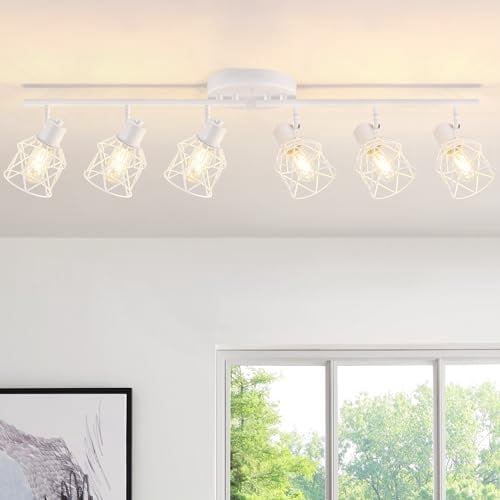 6-Lights White Semi Flush Mount Ceiling Light with Geometric Metal Cage ...