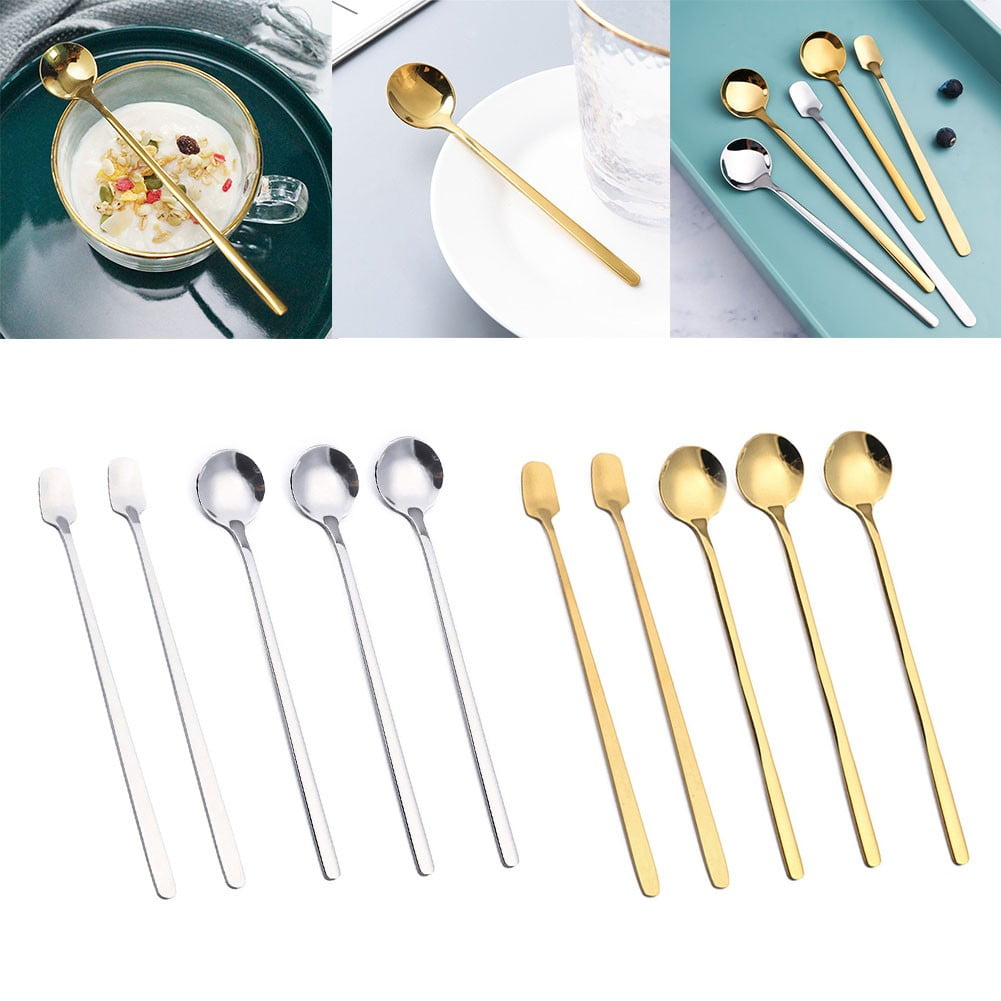 6 Long Handle Teaspoons Tea Spoon Stainless Steel Ice Cream Mixing ...