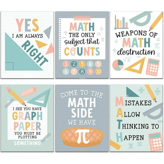6 Math Posters Fun & Motivational Math Posters for Elementary, Middle & High School, Teacher ...