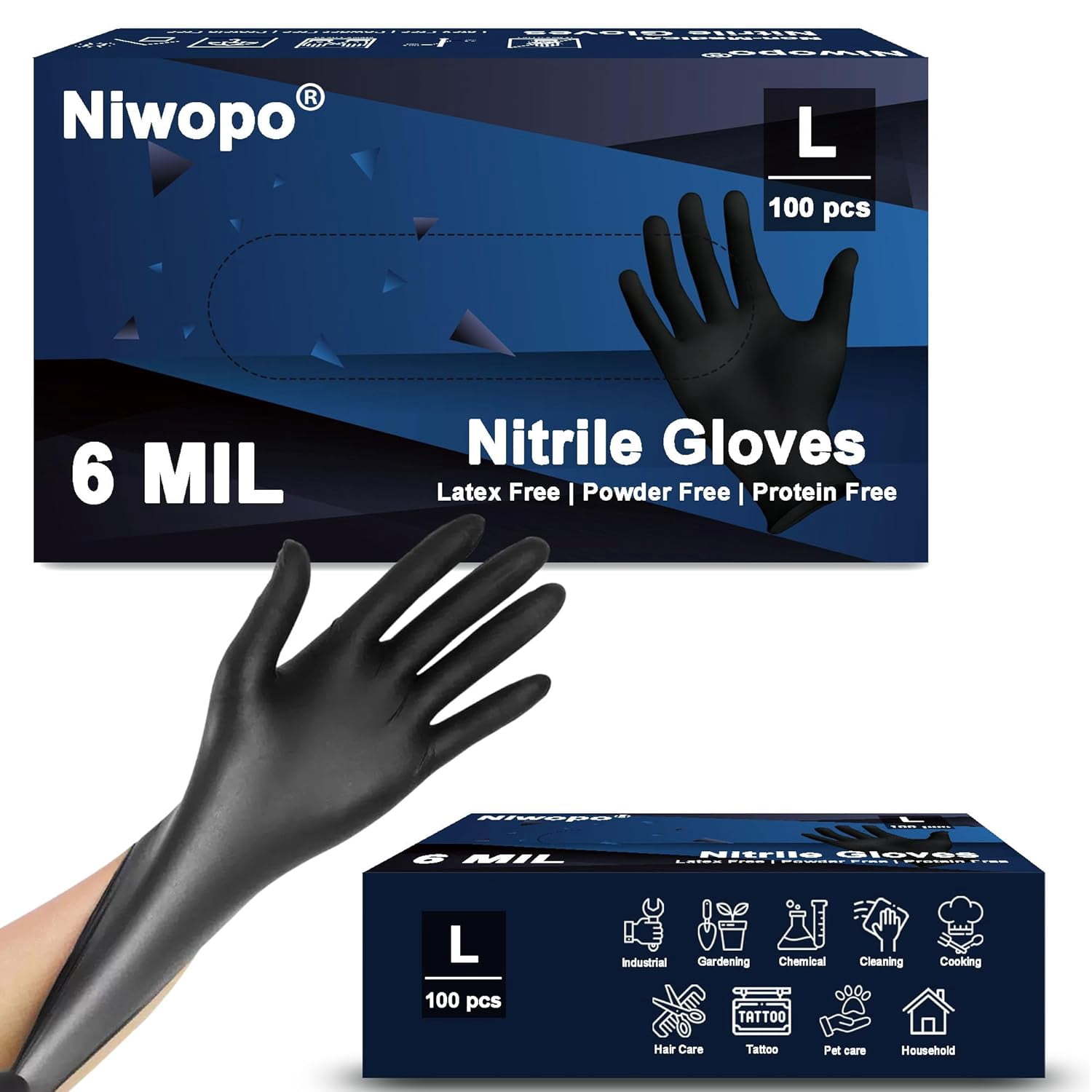 6 Mil Black Nitrile Gloves, 100 pcs Premium Powder-Free Disposable Tear ...