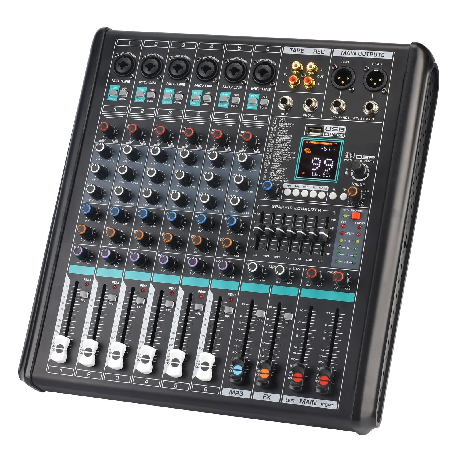 6 Mono Channel Mixing Console Monitor Low Cut 99 DSP Effect PAD Audio ...