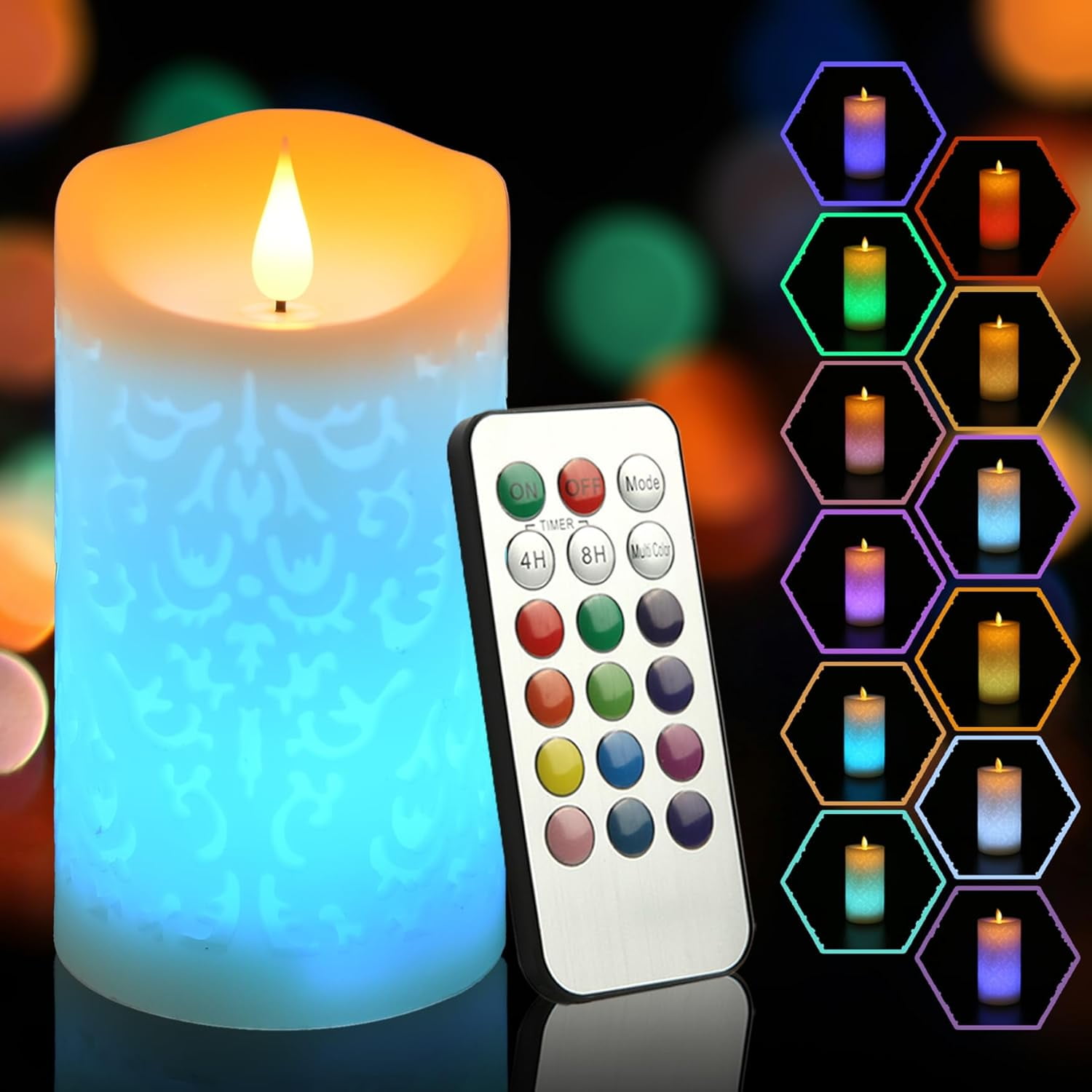 6" Multi Colored Flameless Candle with Remote Control Timer Wax Color ...
