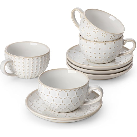 6 OZ Cappuccino Cups with Saucers Set of 4 - Ceramic Stackable Cups and ...