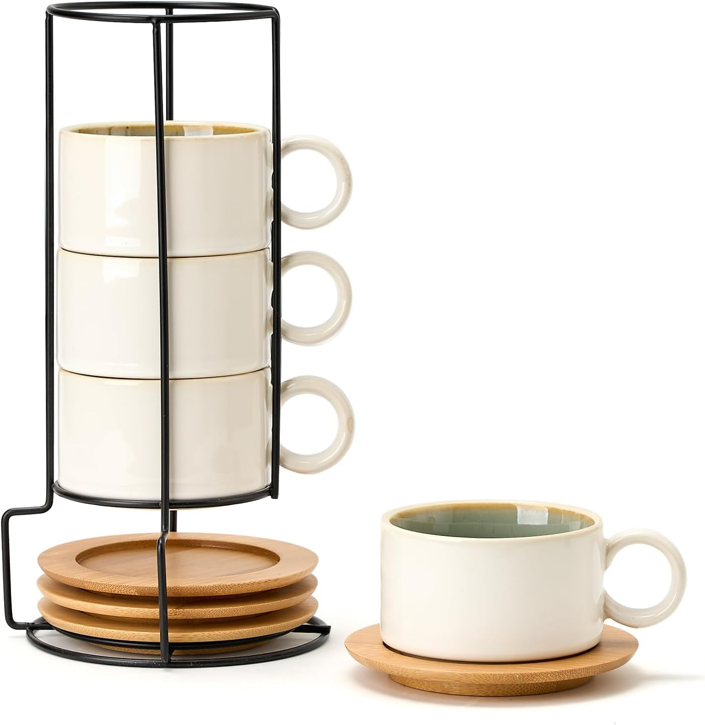 6 Ounce Porcelain Stackable Espresso Cups with Saucers and Metal Stand ...