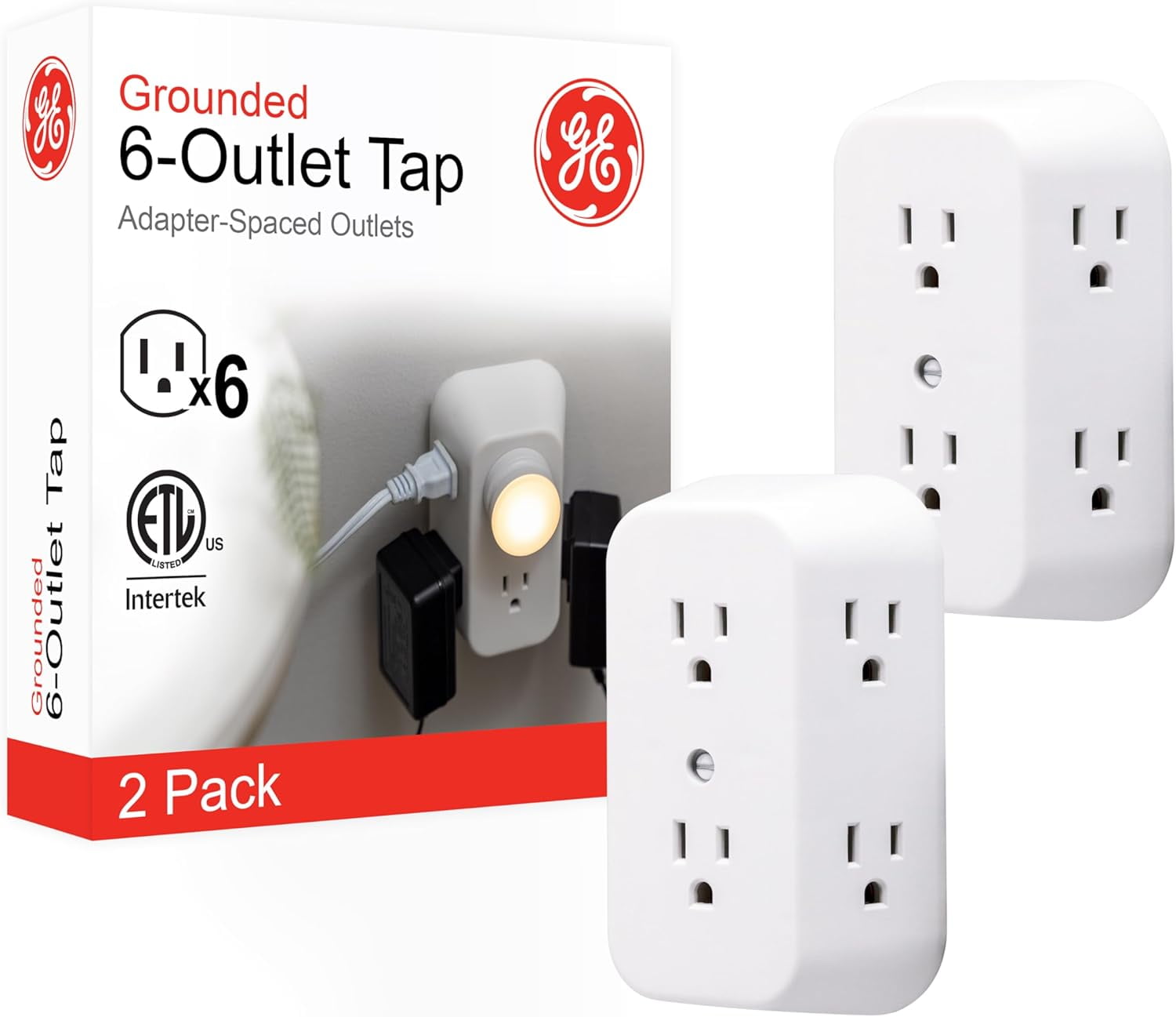 6-Outlet Extender, 2 Pack, Grounded Wall Tap, Adapter Spaced Outlets, 3 ...