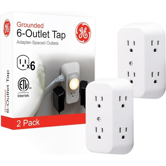 6-Outlet Extender, 2 Pack, Grounded Wall Tap, Adapter Spaced Outlets, 3 ...