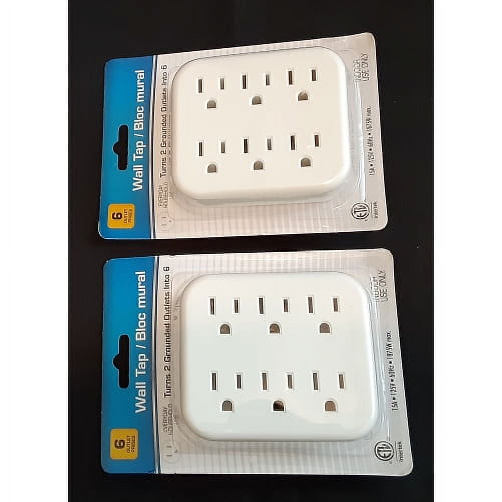 6 Outlet Grounded Wall Tap (2 Pack) Turns 2 electrical outlets into 6 ...