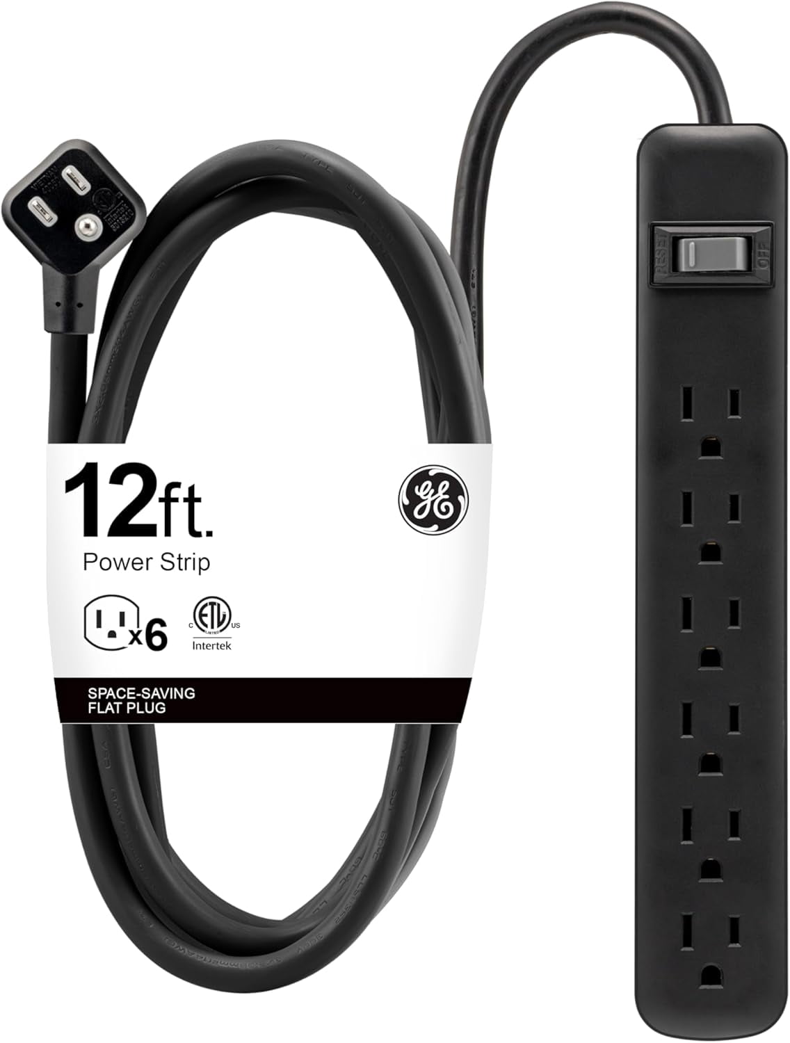 6-Outlet Power Strip, 12 Ft Extension Cord, Flat Plug, Grounded ...