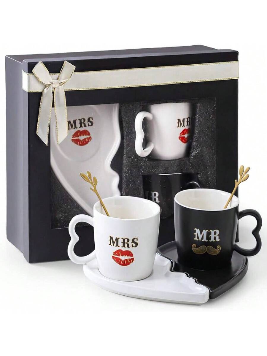 6 Oz Porcelain His & Hers Couple Coffee Mugs Set With Heart-Shaped ...