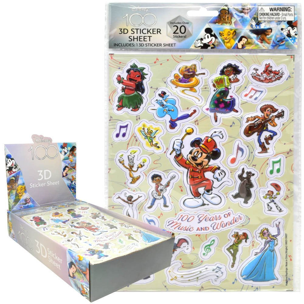 6 PACK Disney 100 Raised Sticker Sheet in Poly Bag with a Header Card ...