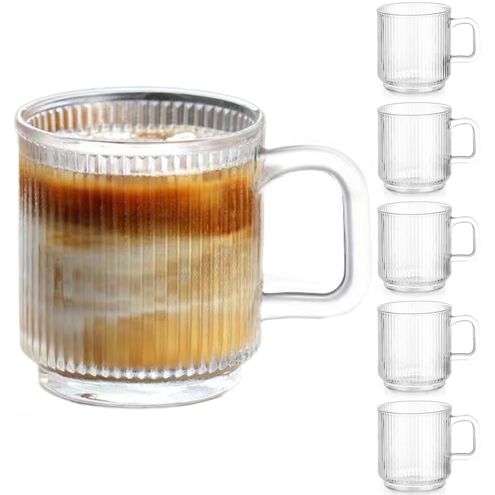 6 PACK Premium Glass Coffee Mugs with Handle, 12 OZ Classic Vertical ...